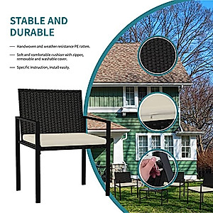 Bigzzia Patio Furniture Set, 4 Pcs Outdoor Conversation Furniture, Includes 2 Rattan Chairs and 1 Loveseat, 1 Tempered Glass Table, with Extra Cushions, Garden Furniture Set for Small Spaces