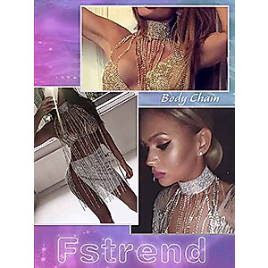 Fstrend Women Rhinestone Choker Long Tassel Necklaces Sparkly Crystal Collar Necklace Fashion Statement Party Festival Body Accessories Jewelry Chain