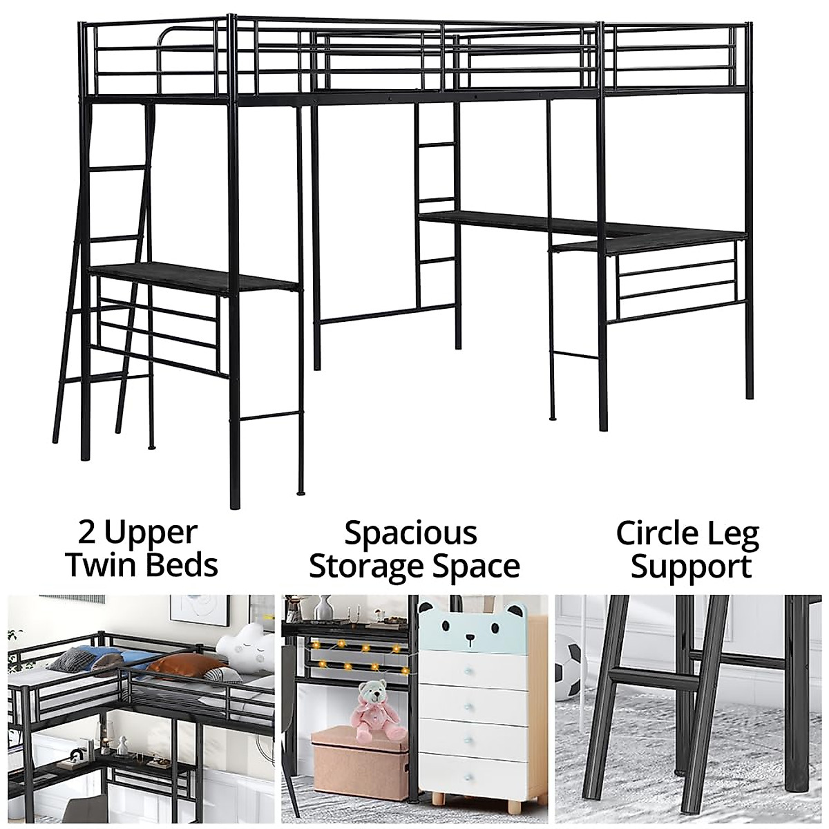 INCLAKE L Shaped Metal Loft Bed with 2 Desk, Twin Size Loft Bed with Safety Guardrail and 2 Ladder, Heavy-Duty Steel Frame Corner Twin Bed for Girls Boys Teens, Black