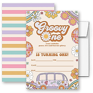 LoaHak Groovy One Birthday Party Invitations Card, Groovy One Party, Groovy One Birthday Invitation. (090)