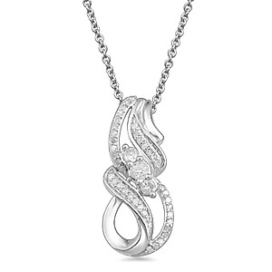 Jewelili Sterling Silver 1/4 Cttw Natural White Round Diamond Pendant Necklace, 18" Rolo Chain