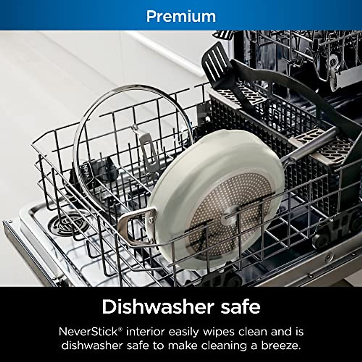 Ninja CW102WH Foodi NeverStick PossiblePan, Premium Set with 4-Quart Capacity Pan, Steamer/Strainer Basket, Glass Lid & Integrated Spatula, Nonstick, Durable & Oven Safe to 500°F, Vanilla Bean