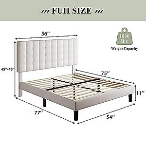 Feonase Full Size Bed Frame with Square Stitched Headboard, Faux Leather Upholstered Platform Bed Frame, High-Density Sponge Filled, Solid Wood Slats, No Box Spring Needed, Noise-Free, White