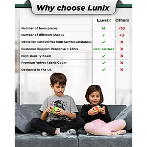 Lunix LX15 14pcs Modular Kids Play Couch, Child Sectional Sofa, Fortplay Bedroom and Playroom Furniture for Toddlers, Convertible Foam and Floor Cushion for Boys and Girls, Gray