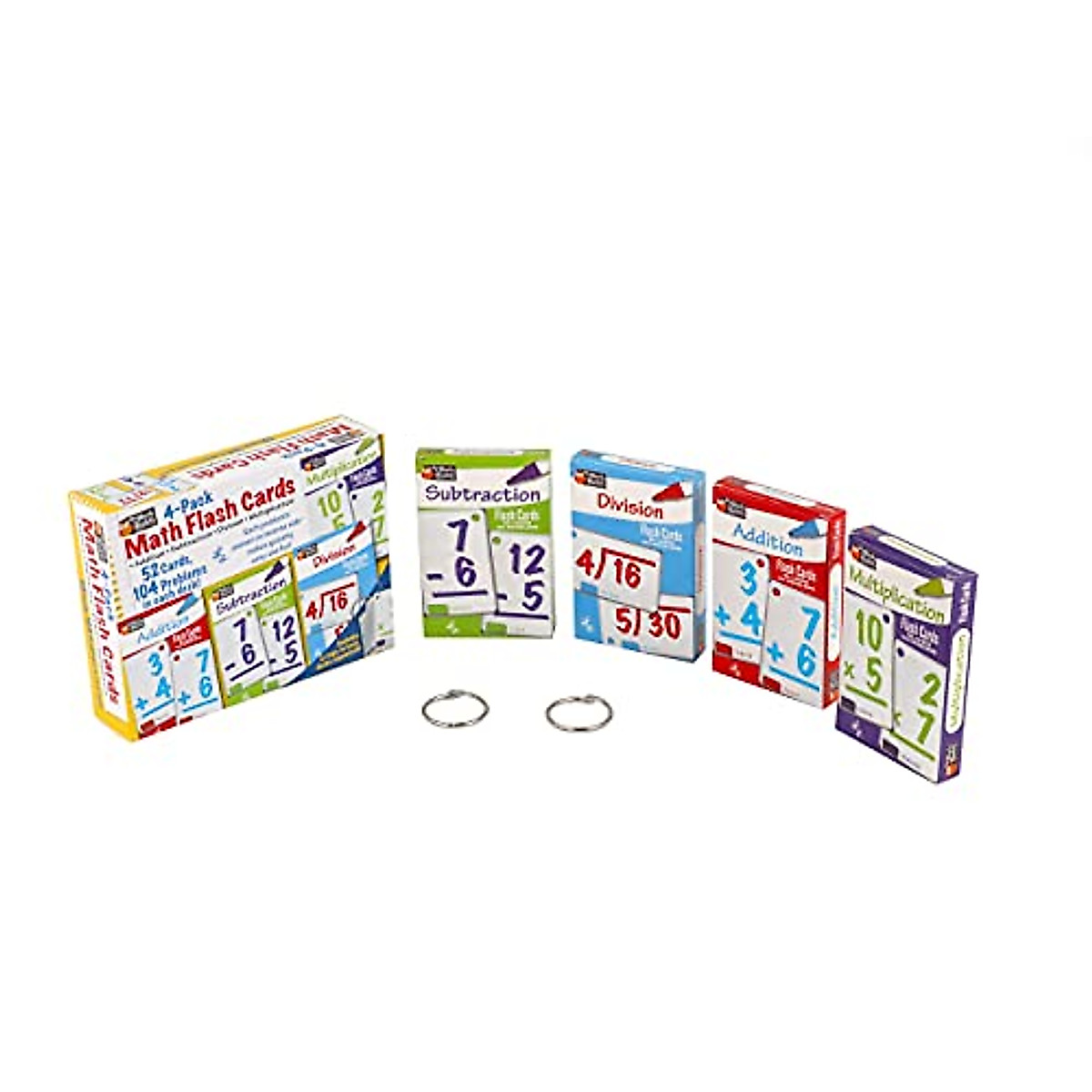 Regal Games - Four-Pack Variety Math Flash Cards - Addition, Subtraction, Multiplication, Division Practice - Classroom, Homework, Study Supplement - Includes 2 Binder Rings - 208 Cards