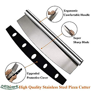DflowerK 14'' Pizza Cutter Rocker Stainless Steel Slicer Knife with Protective Cover Perfect for Pizza Homemade Pasta Fudge Vegetable, Dishwasher Safe Premium Pizza Oven Accessories