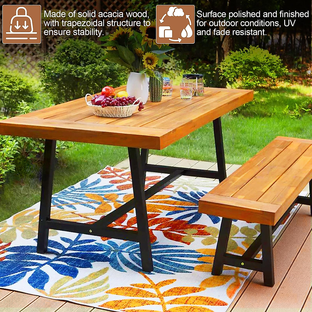 PHI VILLA Outdoor Wood Table Bench Set for 3, 1 Wood Dining Table & 1 Wooden Bench, Acacia Wood Patio Furniture Set for Porch Yard Deck, Teak Color