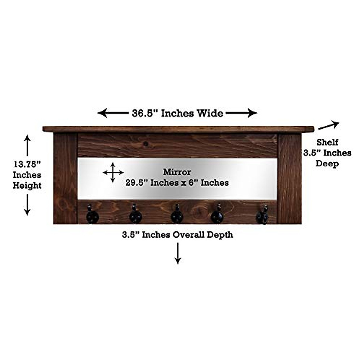 Oxford Farmhouse Wall Hook Coat Rack with Mirror & Shelf, Towel Hook, Purse Hook, Rustic Hook, Key Hooks - 20 Colors, Special Walnut