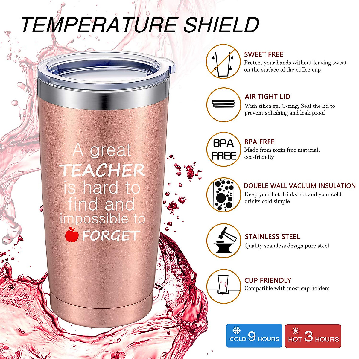 2 Pack Thank You Teacher Appreciation Gifts for Women Teacher, a Great Teacher Is Hard to Find and Impossible to Forget Coffee Cup Travel Mug for Christmas, 20 oz Vacuum Insulation Tumbler (Rose Gold)