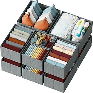 NEATERIZE Drawer Organizer - [Set Of 12] - Closet Organizer and Storage Baskets| Foldable Cloth Drawers Divider | Fabric Bin For Dresser & Shelves |Organize Underwear, Socks, Bra, & Tie’s (Grey)