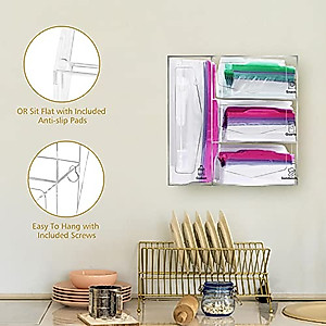 Acrylic Ziplock Bag Storage Organizer w/ 4 Compartments, Clear Baggie Organizer for Kitchen Drawer, Compatible with Ziploc, Gallon, Quart, Sandwich & Snack Variety Size Bag
