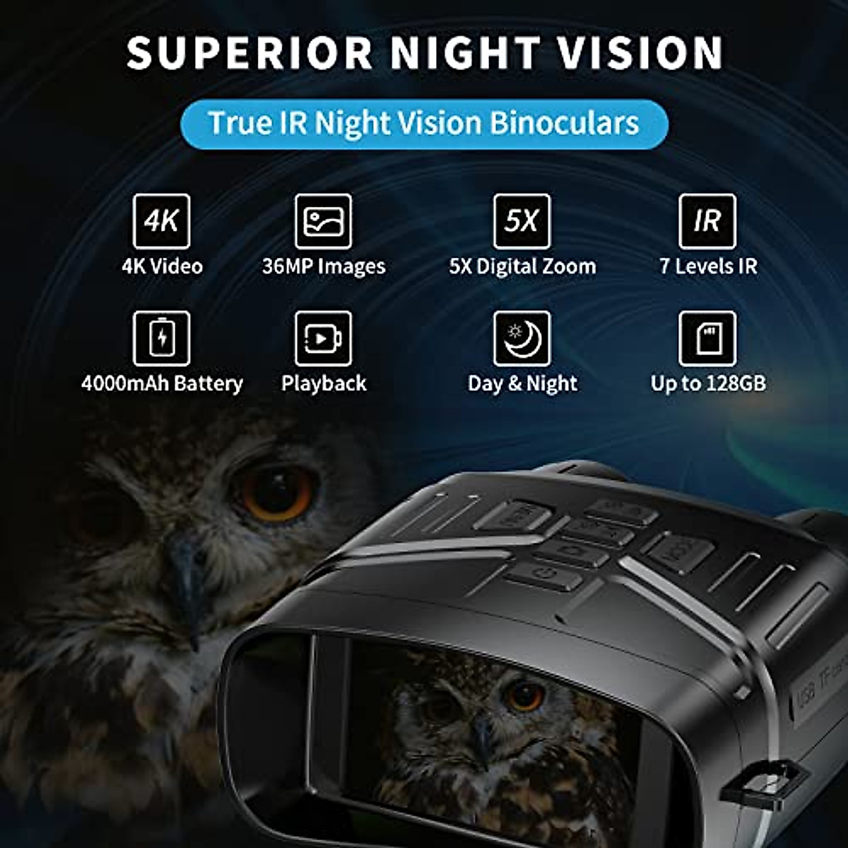 Fvtga Night Vision Goggles - 4K Night Vision Binoculars for Adults, 3'' Large Screen Binoculars can Save Photo and Video with 32GB Memory Card & Rechargeable Lithium Battery