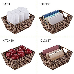 mDesign Natural Woven Hyacinth Closet Storage Organizer Basket Bin for Kitchen Cabinets, Pantry, Bathroom, Laundry Room, Closets, Garage - 4 Pack - Dark Brown