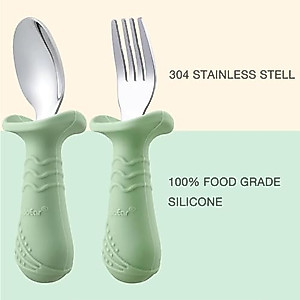 PandaEar Baby Toddler Fork and Spoon Utensil Set, 6 Pack Silicone Stainless Steel Silverware Spoon Fork for Babies Toddler, BPA Free with Silicone Holding Anti-Choke Design (Blue&Green&Light Tan)