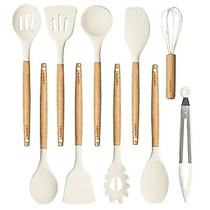 CAROTE Silicon Cooking Utensils Set for Kitchen,446°F Heat Resistant 10 pcs Non-Stick Cooking Set with Wooden Handle Spatula Turner Spoon Tongs Whisk