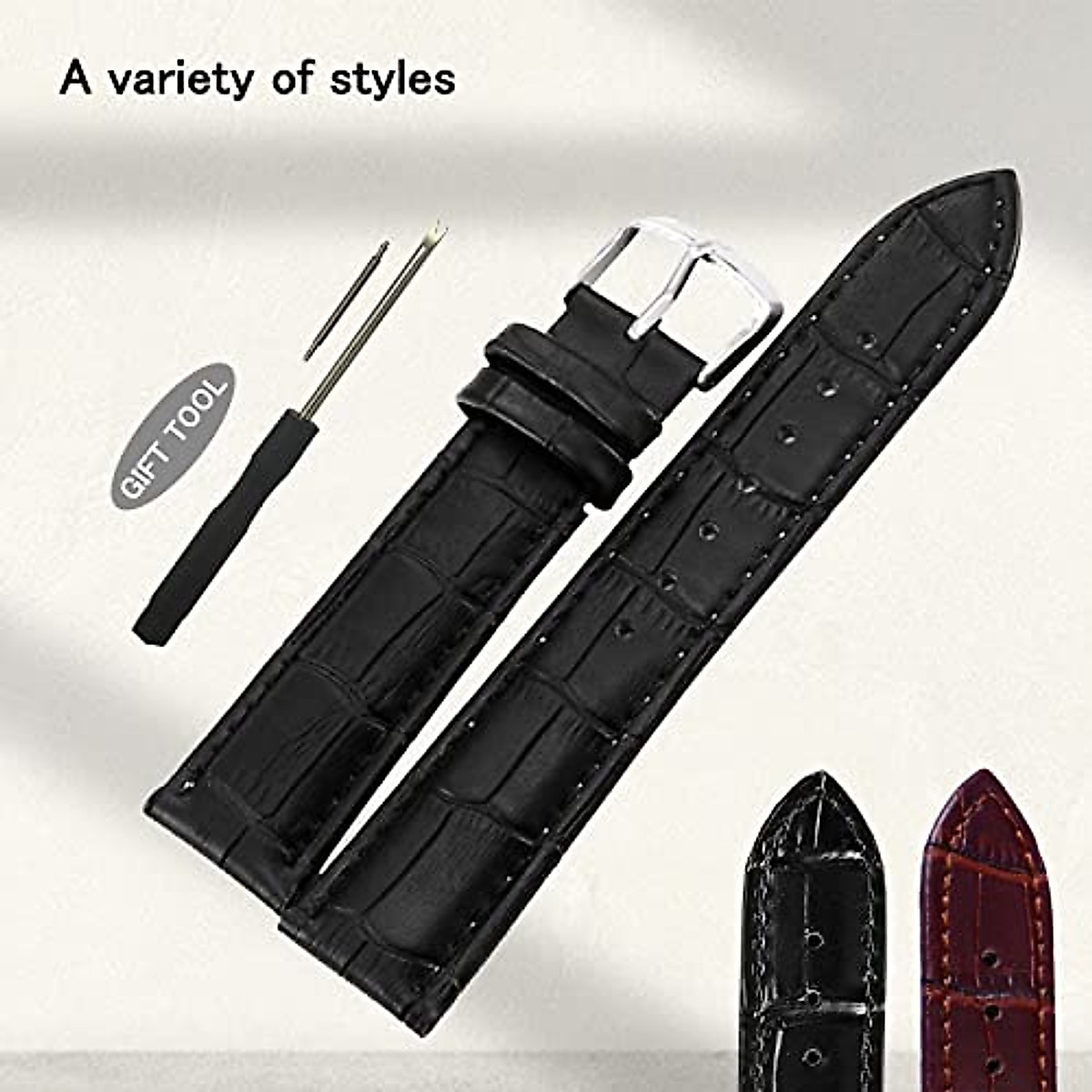 通用 Unisex-adult Watch Band, Alligator Leather Watch Strap with Stainless Steel Buckle, Calfskin Replacement Strap for Watch's Band and Women's Watch Band (22mm, Black)