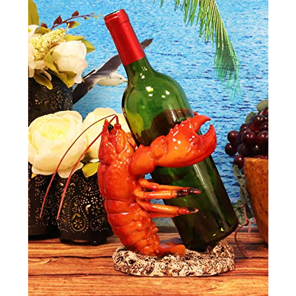 Ebros Nautical Coastal Dancing Red Lobster Drunken Cajun Creole Delight Wine Bottle Holder Caddy Figurine Home Kitchen Dining Party Hosting Decor Sea Life Marine Shell Seafood Shrimping Fishing Statue