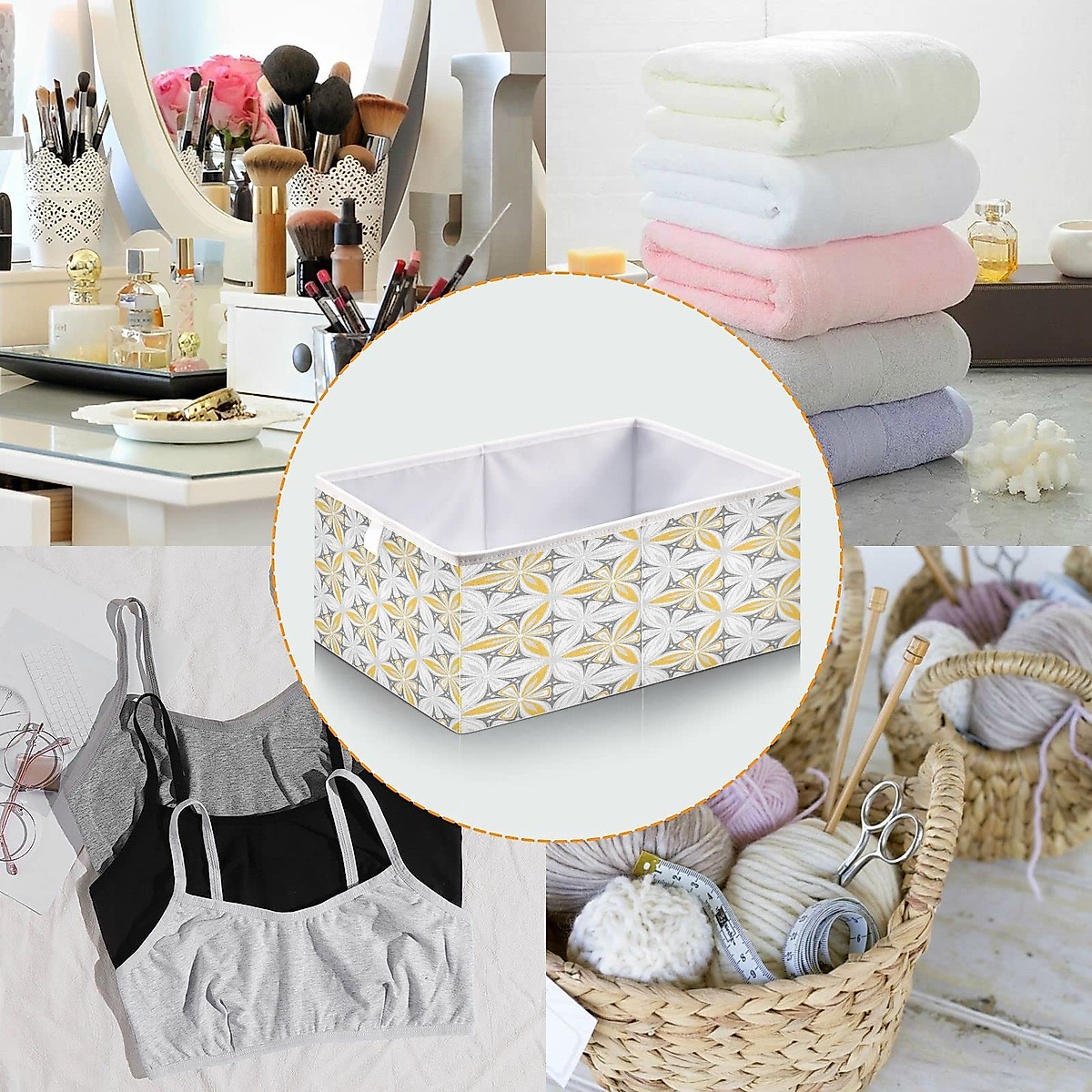 Kigai Flowers Gray Yellow Fabric Storage Bin 11" x 11" x 11" Cube Baskets Collapsible Store Basket Bins for Home Closet Bedroom Drawers Organizers