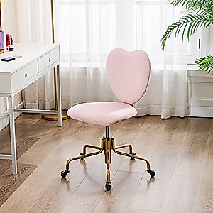 Wahson Velvet Upholstered Cute Home Office Desk Chair Armless, Modern Comfy Office Swivel Fabric Vanity Makeup Chair with Heart Shape Back, for Living Room, Bedroom, Rose Pink