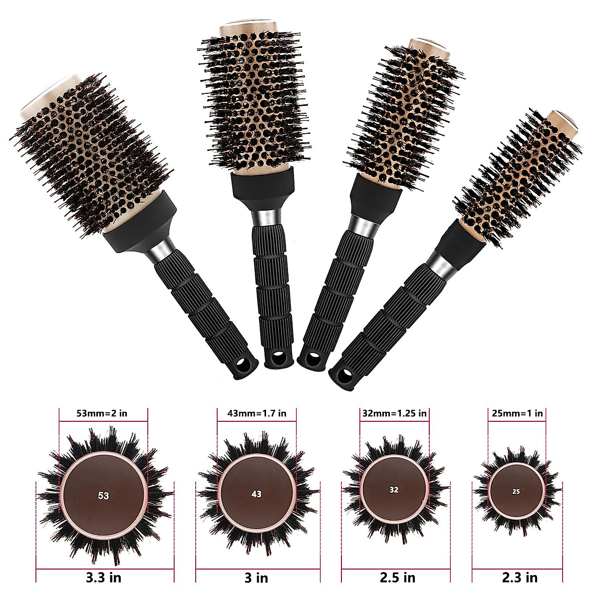 Aozzy Round Brush Set, Boar Bristle Round Brush for Blow Drying, 4 Different Sizes, Nano Thermal Barrel Round Hair Brush for Curling and Straightening, Drying, Styling, Blow Out Brush for Women