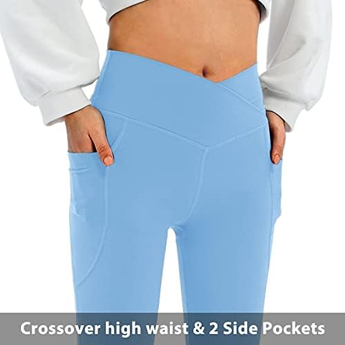 DLOODA Women's Flare Leggings with Pockets-Crossover High Waisted Bootcut Yoga Pants-Tummy Control Bell Bottom Leggings Blue