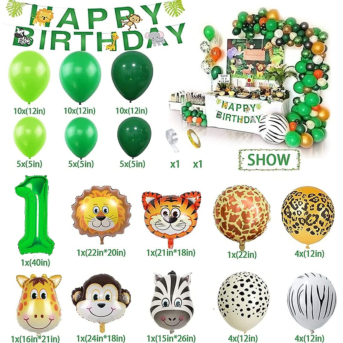 Toddler Jungle Theme Balloon Arch Kit for 1 Year Old Baby Boy Girl, Green Happy Birthday Banner Balloons Garland, Safari Shower Party Supplies Decorations - 64pcs