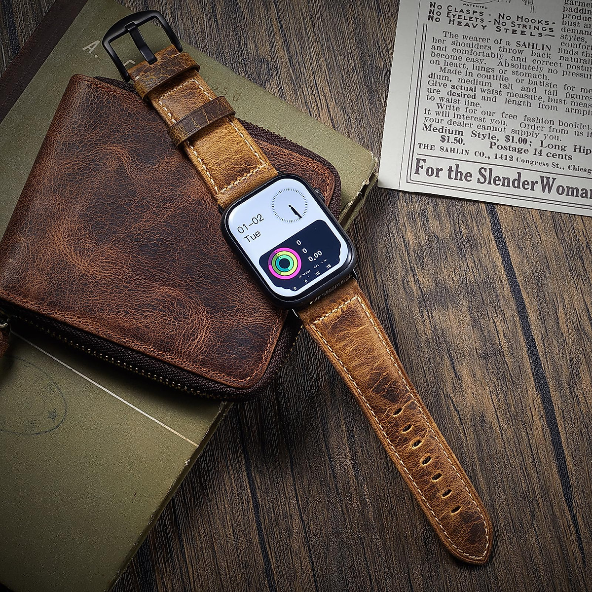 Gitalian Leather Band Compatible with Apple Watch Ultra 2 Ultra Band 49mm 45mm 44mm 42mm for Men, Genuine Leather Strap for iWatch Series 9 8 7 6 5 4 3 2 1 SE2 SE, Crazy Horse Light Brown