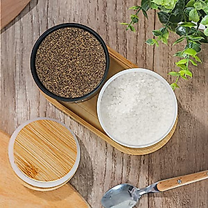 ALPIRIRAL Salt and Pepper Bowls, Salt and Pepper Holder Set with Bamboo Tray, Salt Container with Bamboo Lid, Black and White Salt Cellar, Salt Box for Countertop, Farmhouse Kitchen Decor, Set of 2