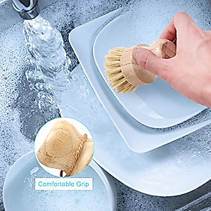 Bamboo Dish Brush Set, 4 Pcs Palm Wooden Dish Scrubber Brush, Dish Brushes, Durable Wood Dishes Scrub Brush, Natural Round Vegetable Cleaning Pots Pans Sink Washing Kitchen Brush by Aisuly