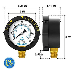 MEANLIN MEASURE 0~60Psi Plastic Frame 1/4" NPT Start and Clean Filter Pressure Gauge，Suitable for Swimming Pool, spa, Aquarium，Lower Mount