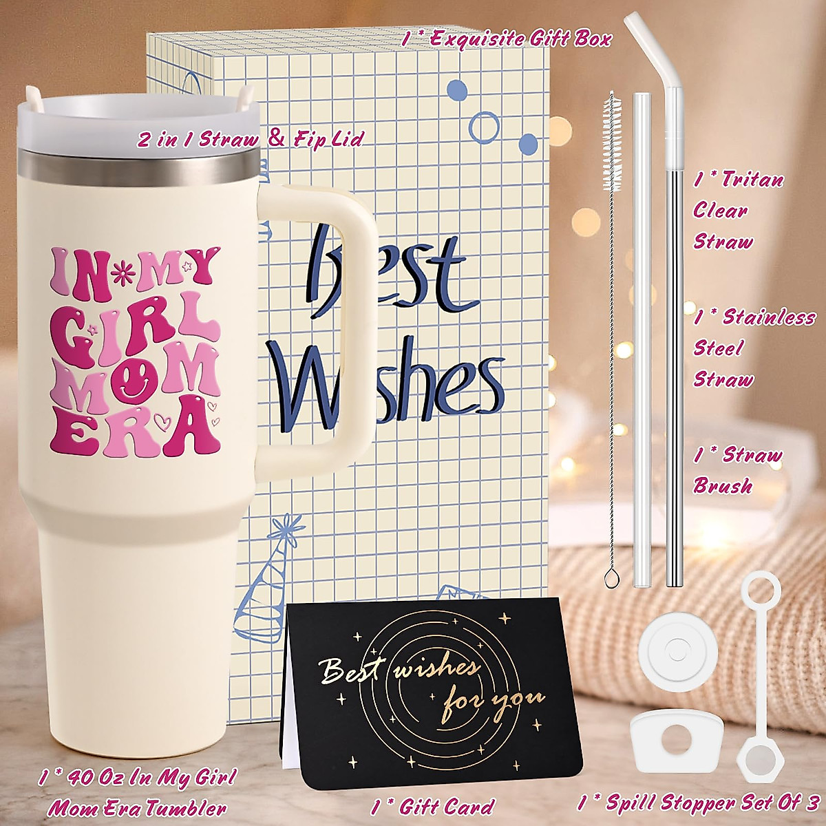 Gusgopo Gifts for Mom, 40 Oz In My Girl Mom Era Tumblers, Cute Mother Cups for Mother's Day Birthday