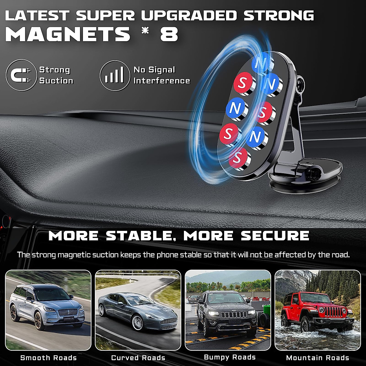 Car Phone Stand, DIPEQOBA Must-Have Alloy Folding Magnetic Cell Phone Mount, Stable Versatile Automobile Dashboard Holder With Dual 360° Rotation, Universal Hands Free Car Accessory for All Smartphone