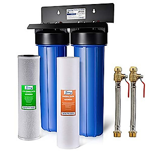 iSpring WGB22B 2-Stage Whole House Water Filtration System w/ 20” x 4.5” Sediment and Carbon Filters, and 3/4" Push-Fit Braided Stainless Steel Hose Connectors - Reduces up to 99% Chlorine