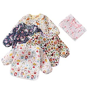 Hafftnun 5pcs Set Long Sleeve Waterproof Bib Full Coverage Apron Bib Smock Toddler Bibs with Pocket 6-30 Months