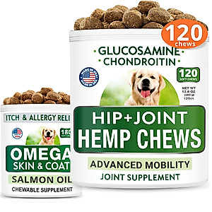 Hemp Treats + Glucosamine + Omega 3 for Dogs Bundle - Joint Pain + Allergy and Itch Relief - Hip & Joint Supplement w/MSM + Chondroitin + Hemp Oil + Omega 3 + EPA & DHA Fatty Acids - 120 + 180 Chews