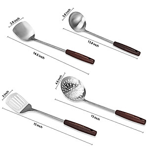 15 inch Large Spatula Slotted Turner Soup Ladle 304 Stainless Steel Wok Spatula Set Slotted Spoon for Cooking Utensils Set Long Wooden Handle Ladles Kitchen Metal Spatula Cooking Spoons