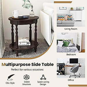 GOFLAME 2-Tier Oval End Table, Sofa Side Table with Storage Shelf, Solid Wood Legs, Modern Accent Table, Compact Nightstand for Living Room, Bedroom, Small Space, Espresso