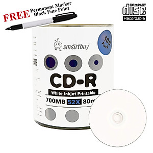 Smartbuy 100-disc 700mb/80min 52x CD-R White Inkjet Hub Printable Blank Media Disc + Black Permanent Marker