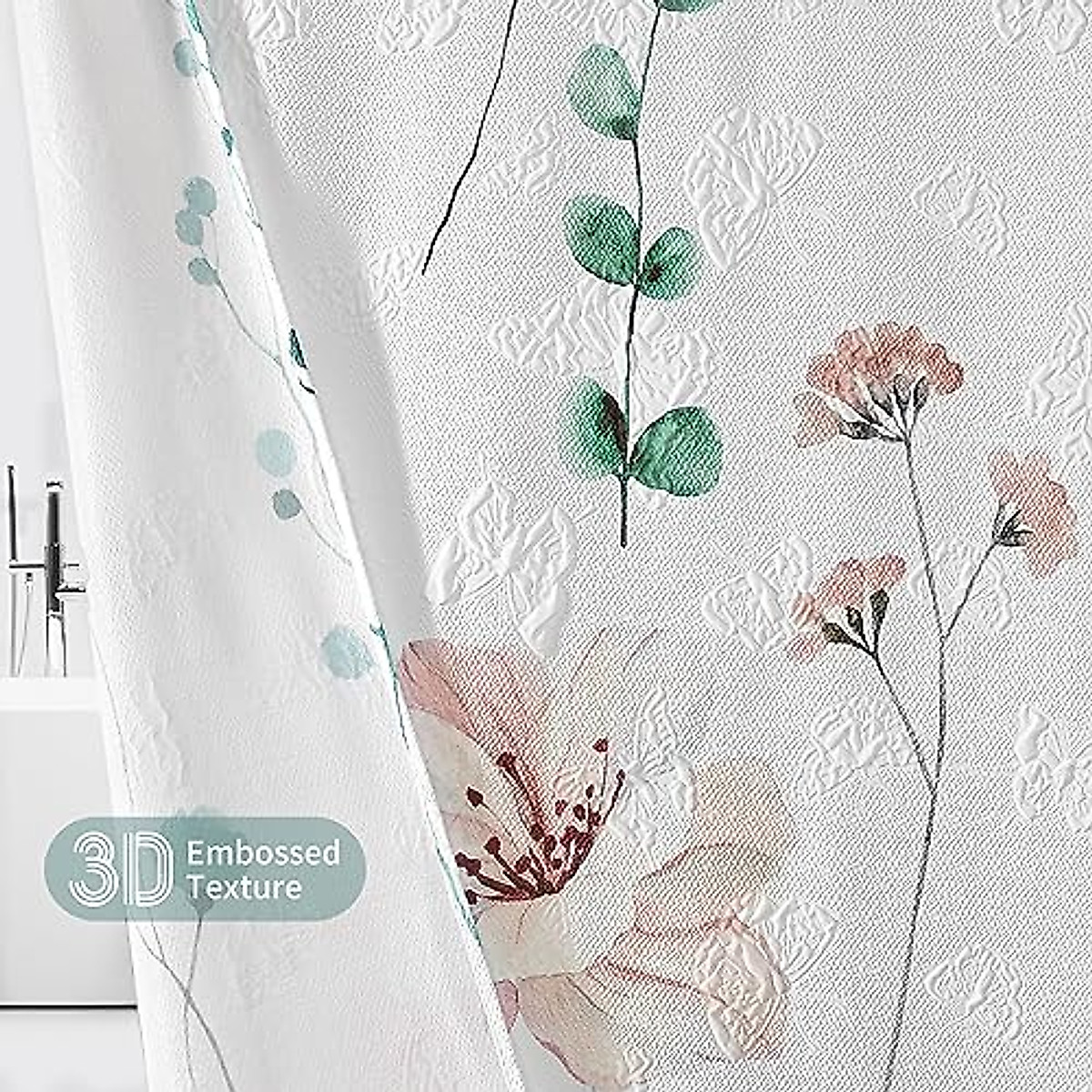 QiyI Watercolor Floral Shower Curtain, 3D Embossed Butterflies Sage Green Flower Bathroom Curtain, Minimalist White Cloth Bath Curtain, Waterproof Fabric Textured Shower Curtain Set with Hooks, 72x72