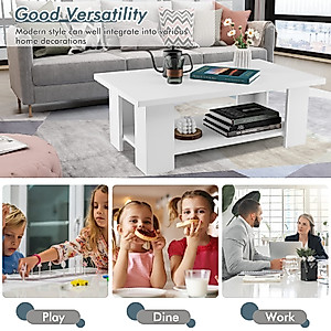 Tangkula 2-Tier Coffee Table, Modern Rectangular Center Cocktail Table with 5 Support Legs, Wooden Accent Living Room Furniture, Small Coffee Table for Small Spaces, Easy Assembly (White)