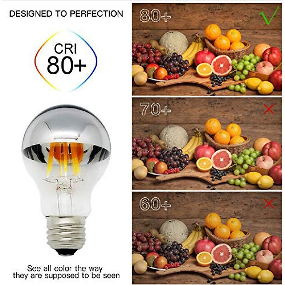 KLED Half Chrome Silver Bowl Tipped, LED Filament Bulb, Dimmable, A19 10W (90W Equivalent), 950 Lumen, 2700K (Warm White), Medium Base E26, CRI 85+,1 Pack