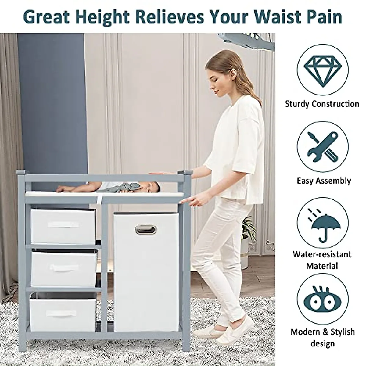 FIZZEEY Changing Table - Baby Changing Table, Diaper Changing Table, Changing Table Station Dresser with Laundry Hamper, 3 Drawer Basket and Changing Pad, Grey