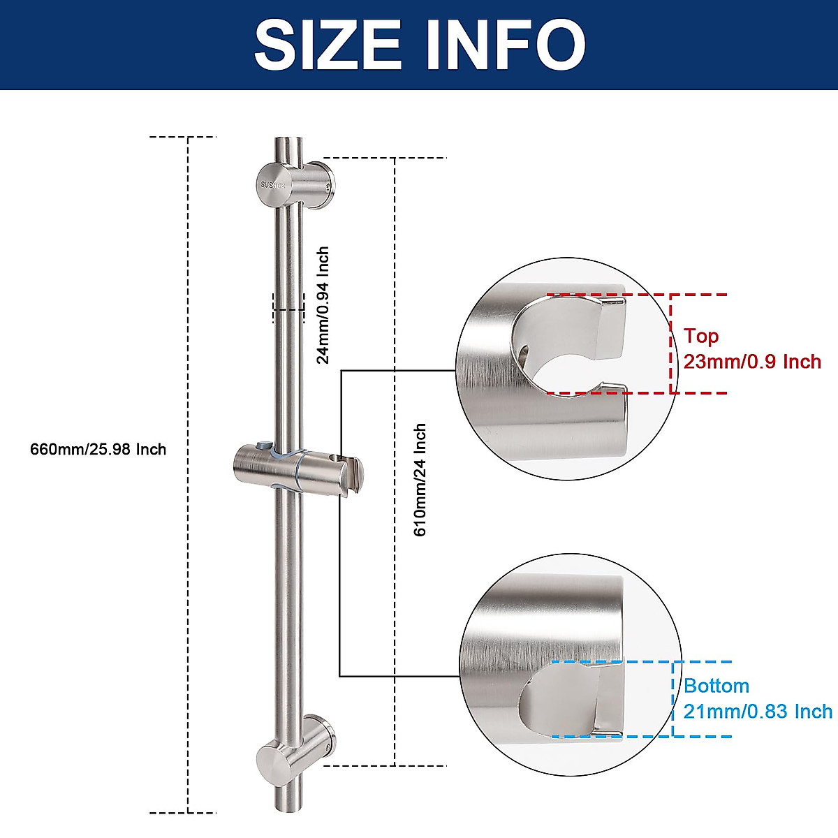 NearMoon Shower Slide Bar with Height/Angle Adjustable Handheld Shower head Holder, Bathroom SUS 304 Stainless Steel Wall-Mounted for Bath (26 Inch, Brushed Nickel)