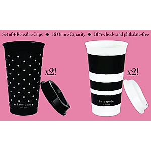 Kate Spade New York Black/White Reusable Travel Tumbler Set of 4, 16 Ounce BPA-Free Plastic Cups with Lids, Coffee Mugs for Hot or Cold Drinks, Dots and Stripes