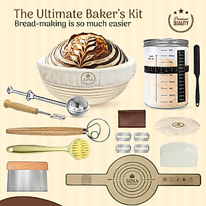 Banneton Bread Proofing Basket Set Sourdough Starter Kit Round 9" Rattan Proofing Basket, 36oz Large Wide Sourdough Starter Jar, Bread Lame, Sourdough Bread Baking Supplies, Banneton Basket Gift Set