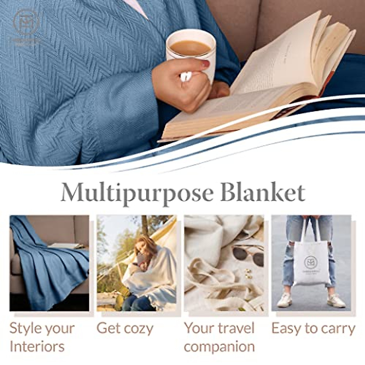 Threadmill Luxury Cotton Blankets for King Size bed | All-Season Cozy 100% Cotton King Size Blanket | Herringbone Soft & Lightweight Fall Thermal Blanket fits Cal King Size Bed | Folkstone Blue