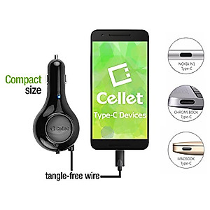 Cellet USB-C (Type-C) Retractable Car Charger, Fast Car Charger Compatible for Samsung Z Fold Z Flip Note 20 10 Galaxy S22 S21 S20 A71, A52, A51 LG Motorola Moto Google Pixel (USB-C 15 Watt)