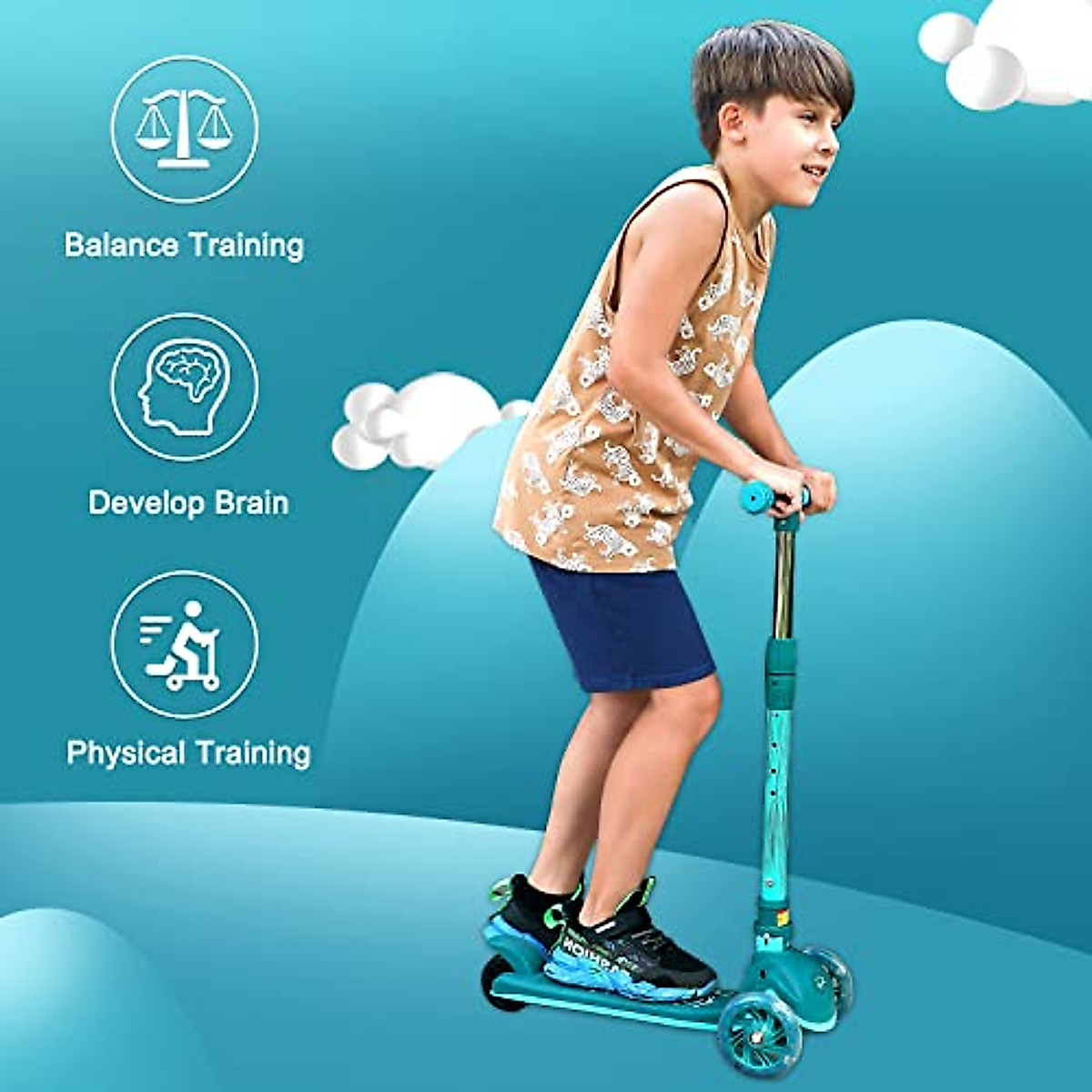 Kick Scooter for Kids, Wheel with Brake, Adjustable Height Handlebar, Foldable, Lightweight, Aged 3-10, Wide Standing Board, and up to 110LBS, Green