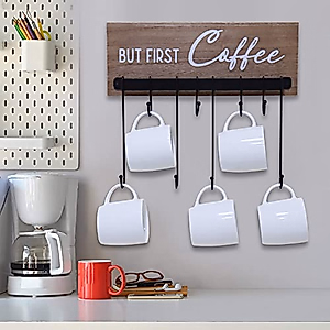 GENMOUS Rustic Coffee Mug Holder Wall Mounted for Mug Rack Organizer, Farmhouse Wood Coffee Cup Holder Tea Mug Rack Wood Storage Display Organizer Hanger for Home Kitchen Coffee Bar Wall Decor Brown