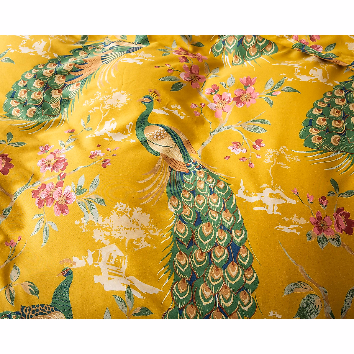 Eikei Chinoiserie Chic Peacock Floral Duvet Cover Paradise Garden Botanical Bird and Tree Branches Vintage Stylized Long Staple Cotton Bedding Set (Queen, Citrine)
